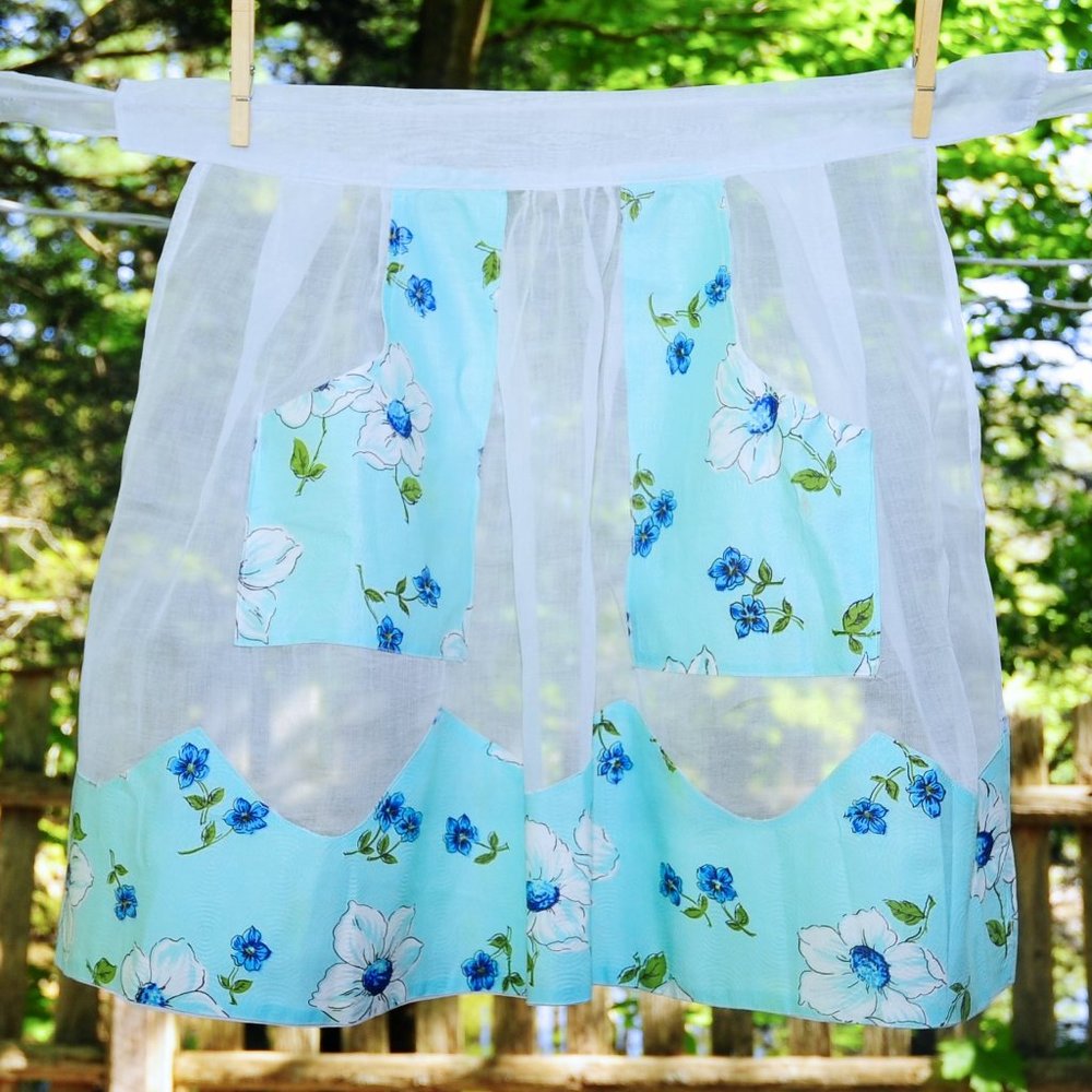 Vtg 60's Robin's Egg Blue Floral Print Fancy Organza … - Gem